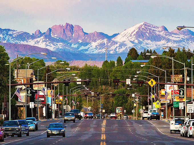 Pinedale's mountain-framed main street offers the kind of views that make running errands feel like a scenic drive through a postcard.