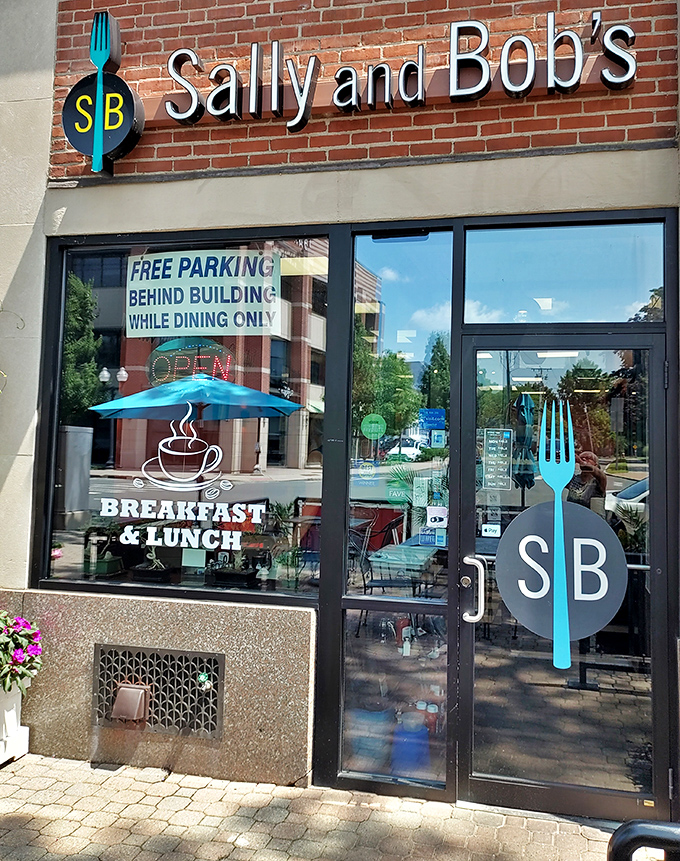 Sally and Bob's sleek storefront brings a touch of urban chic to breakfast. That blue fork logo is basically saying "good food happens here."