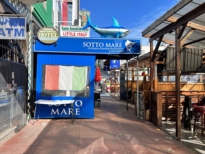 Sotto Mare's Italian flag waves proudly in North Beach. This little blue storefront hides big flavors that would make any nonna proud.