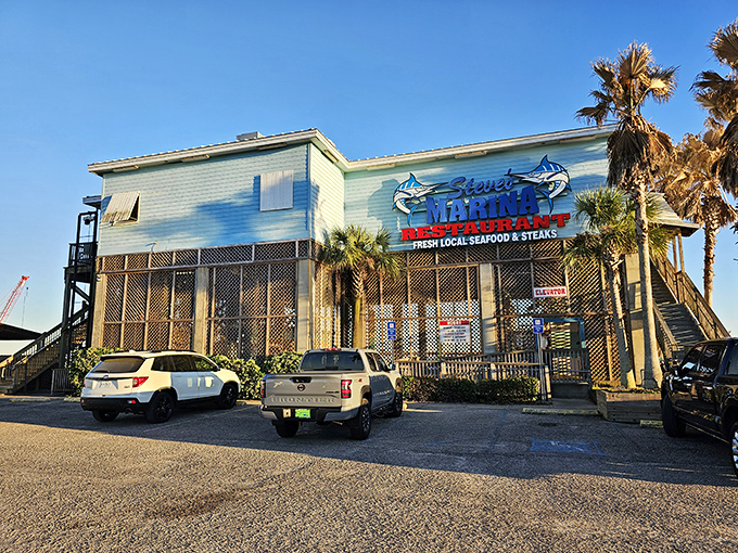 Steve's Marina's seafood-blue exterior matches the Gulf waters that supply their incredible daily catch.