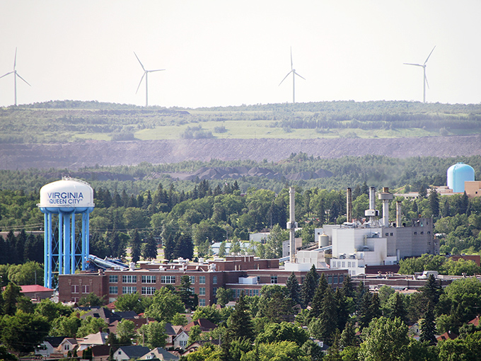 Virginia's iconic blue water tower stands tall above this charming Iron Range town, where wind turbines dot the horizon like modern-day sentinels.