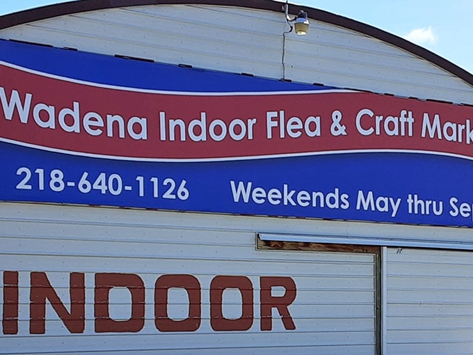 Northern charm on display! The Wadena Flea Market's bold sign promises weekend adventures for bargain hunters and collectors alike.