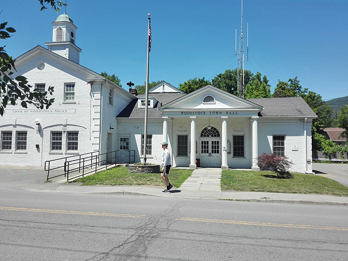 Woodstock's town hall stands proudly, a beacon of civic charm that's seen more tie-dye than a laundromat in 1969.