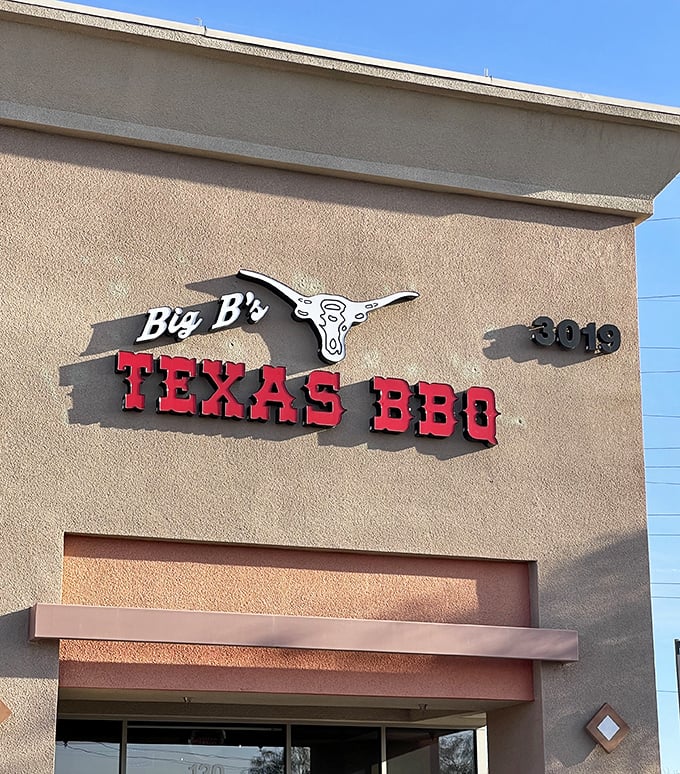 The bold red lettering says it all&mdash;Big B's means business when it comes to authentic Texas BBQ in the Nevada desert.