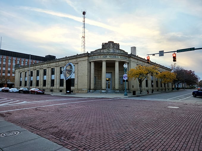 Downtown Canton's historic buildings stand tall against a brilliant blue sky, offering affordable urban living with small-town charm.