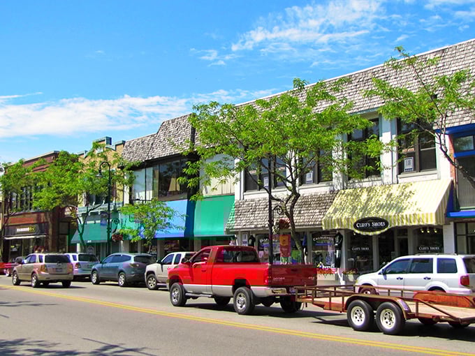 Sunlight dapples through slender trees along Charlevoix's main street, where cars line up like patient sentinels waiting for returning shoppers.