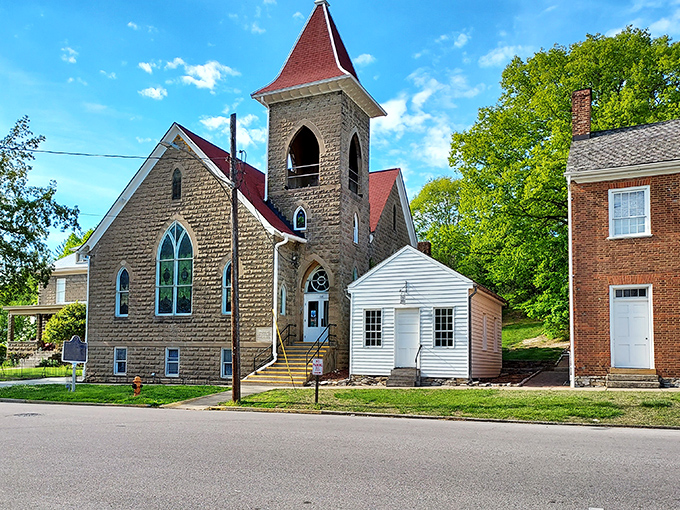 The limestone church in Corydon looks like it belongs on a Christmas card, especially when framed by vibrant green foliage.