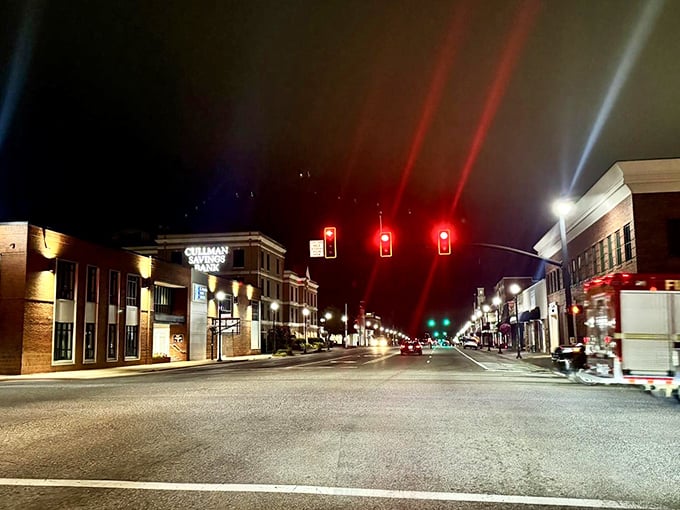 Nighttime in downtown Cullman transforms ordinary streets into something magical. Traffic lights create a light show for those not rushing home.