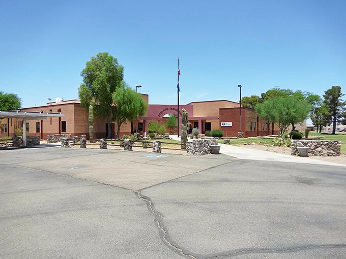 Dateland's community center stands proudly under Arizona's brilliant blue sky, a desert oasis for locals and travelers.