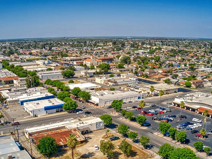 Aerial view of Delano's affordable cityscape, where $2,000 monthly covers all your basic expenses in this Imperial Valley community.