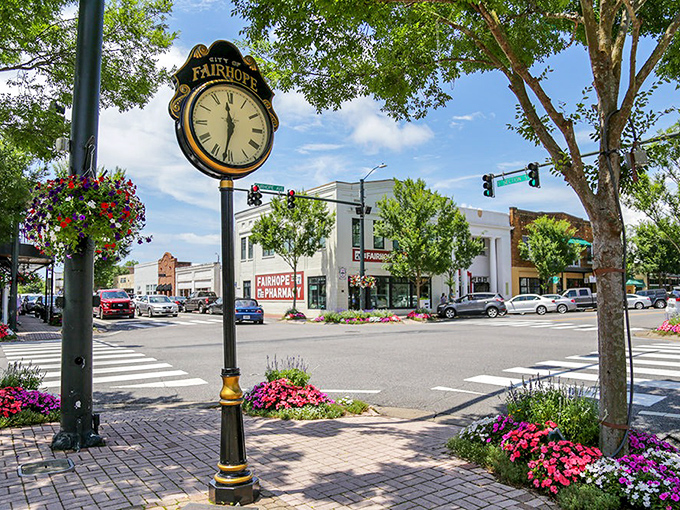 Time literally stands still in Fairhope, where the golden town clock watches over a downtown blooming with more flowers than a wedding.
