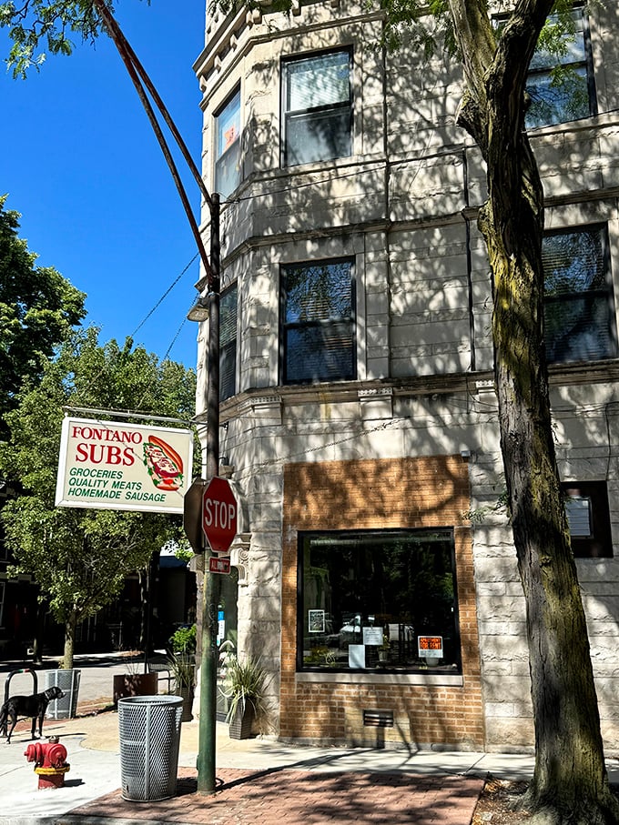Architectural beauty serving beautiful subs. The stop sign seems to say, "Halt! Sandwiches this good require full attention!"