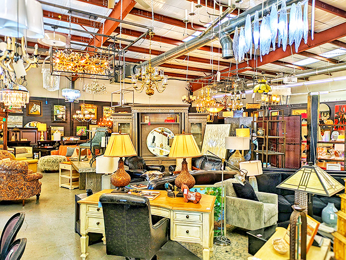 Look at those chandeliers! This isn't your grandmother's thrift store &ndash; unless your grandmother had impeccable taste and tiny prices.