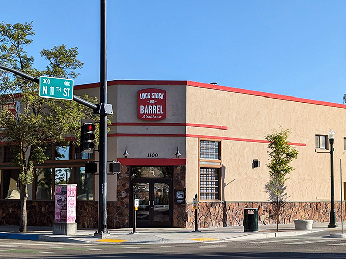 The red trim and rustic stone base give this Boise institution character that chain restaurants spend millions trying to fake.