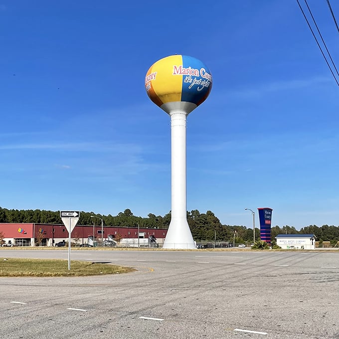 The colorful water tower welcomes you to Marion&mdash;a town where retirement savings last longer than summer evenings.