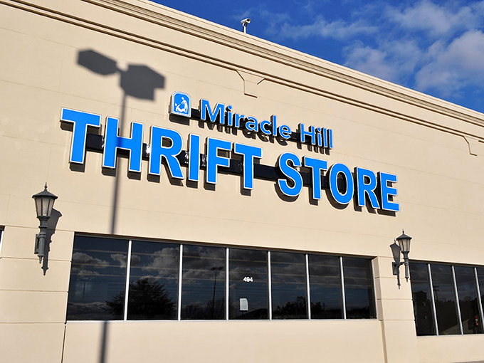 Bold blue lettering announces a thrift store that's anything but ordinary—where one person's castoffs become another's treasures.