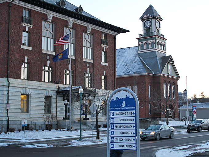 The stately Newport City Hall and clock tower stand as guardians of small-town life, where time seems to move at a more civilized pace.