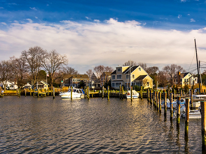 Waterfront homes line Oxford's harbor like a welcoming committee, their docks extending friendly handshakes to passing sailors.