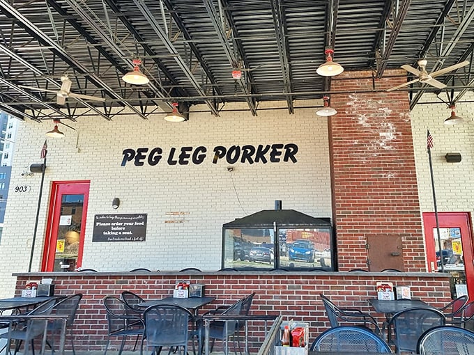 The name on the wall says it all. At Peg Leg Porker, they're serious about pork and not afraid to show it.
