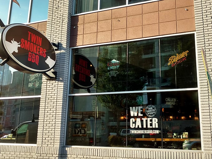 Twin Smokers BBQ's brick facade stands ready to welcome barbecue enthusiasts. "We cater" might be the two most beautiful words in the English language!
