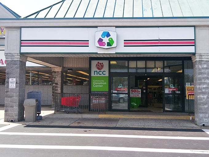 The recycling logo tells the real story: this isn't just shopping, it's rescuing perfectly good items from landfill purgatory.