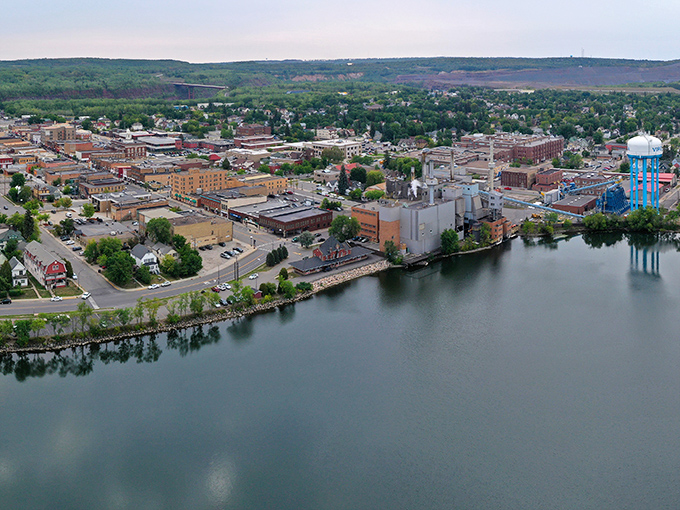 A bird's-eye view of Virginia reveals its perfect blend of industry and nature, with the famous blue water tower watching over this affordable northern gem.