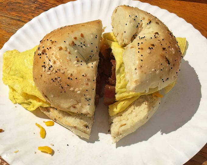 Breakfast meets lunch in this bagel sandwich masterpiece. The eggs are perfectly scrambled, like your plans to eat healthy on vacation.