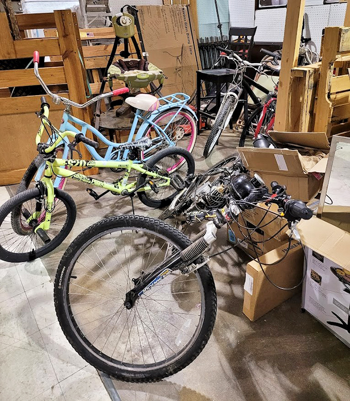 A bicycle boneyard where two-wheeled transportation goes for its second wind. That pastel cruiser is just begging for a basket and a beachside boardwalk.