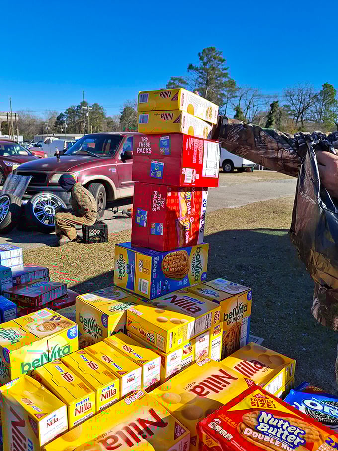 Cookie boxes stacked like a carbohydrate Jenga game. In the flea market economy, brand-name treats at bargain prices are always a winning proposition.