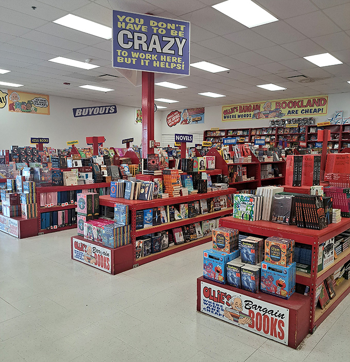 Ollie's Bargain Bookland – where literary dreams come with humorous signage and prices that make bibliophiles do a double-take. "Crazy" is indeed a job requirement.