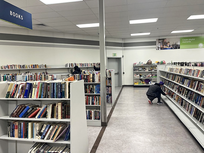 The book section: where literary adventures cost less than lunch. Browse bestsellers and forgotten classics while fellow treasure hunters quietly search nearby.