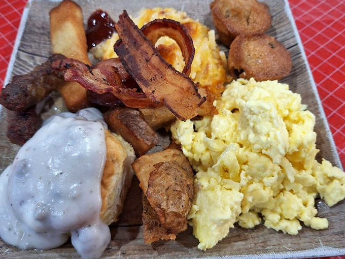 Breakfast meets barbecue in this glorious plate where eggs, bacon, and biscuits join forces to create morning magic.