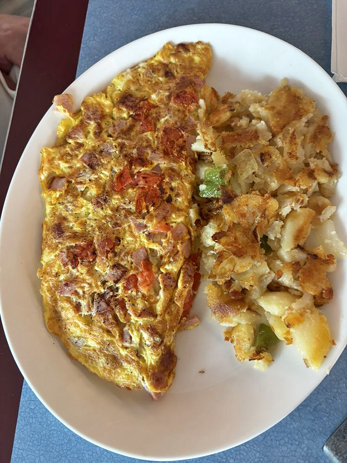 An omelet that's had a meaningful relationship with both vegetables and cheese, alongside home fries that achieved the perfect crisp-to-fluffy ratio.