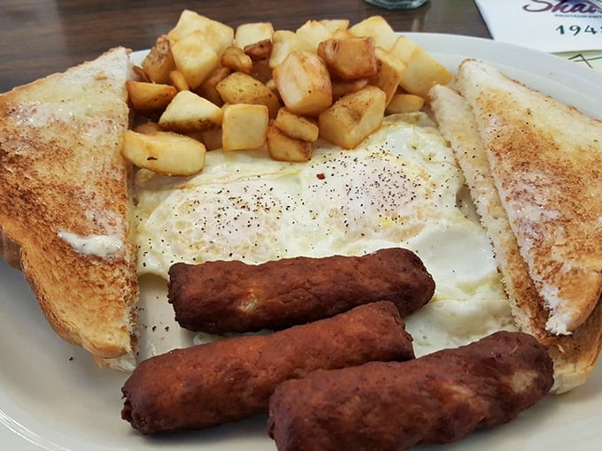 Breakfast at Shady Glen: where eggs are always perfectly cooked, sausages are plump with promise, and home fries never disappoint.