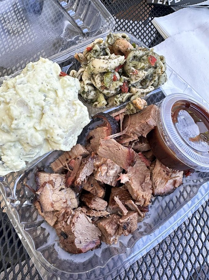 The holy trinity of BBQ perfection: smoky tri-tip, creamy potato salad, and pesto pasta that doesn't know it's supposed to be a side dish.