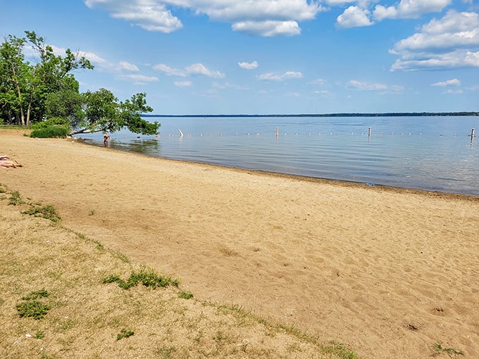 Lake Bemidji's sandy beach offers the perfect spot for summer lounging, proving you don't need an ocean to build sandcastles or cool off in crystal waters.