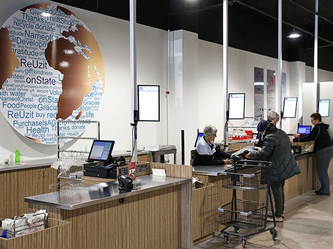 The checkout counter's globe artwork reminds shoppers that their purchases support global relief efforts through MCC's worldwide programs.