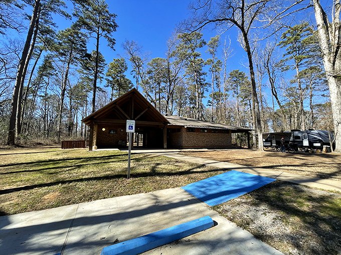 Chemin-A-Haut State Park's rustic pavilion provides shelter from Louisiana's sunshine, a perfect basecamp for exploring the natural beauty that surrounds Bastrop.