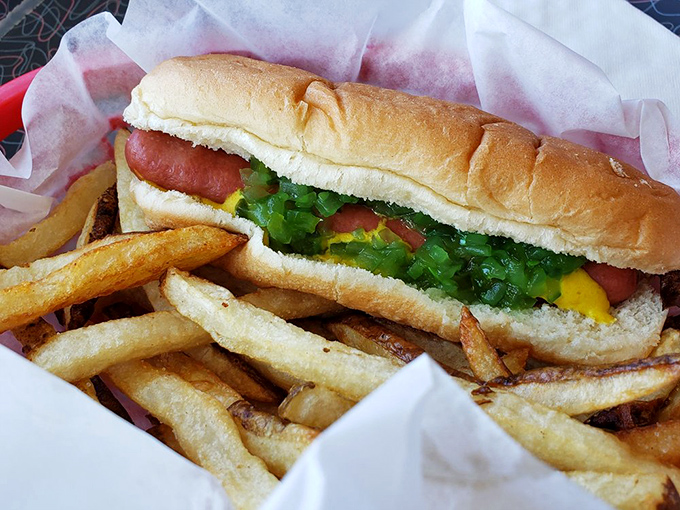 Chicago's famous hot dog—a symphony of toppings where ketchup would be as welcome as a Yankees cap at Wrigley Field.