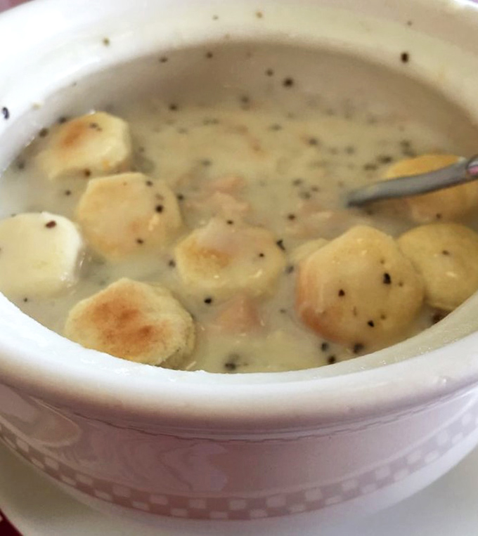 This creamy clam chowder with oyster crackers floating on top tastes like New England gave you a warm, delicious hug in a bowl.