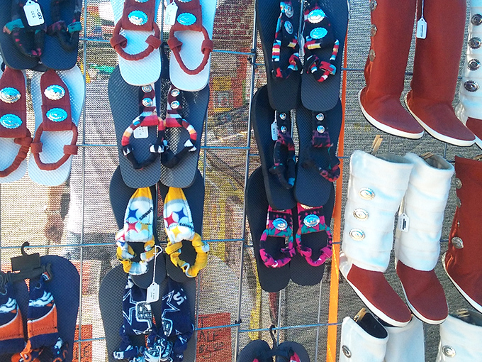 From flip-flops to traditional boots, this footwear display has your feet covered in every possible style.