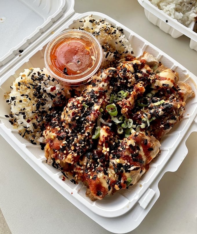 Furikake chicken that's crispy, saucy, and sprinkled with enough umami to make you consider moving to Kona permanently. Rice never had a better friend.