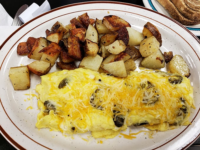 An omelet that's had a meaningful relationship with mushrooms and cheese, alongside potatoes that have achieved their golden-brown destiny.