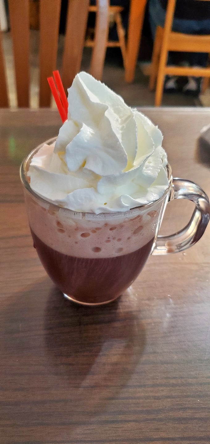 Hot chocolate that doesn't just warm your hands but restores your faith in humanity. That whipped cream mountain deserves its own zip code.