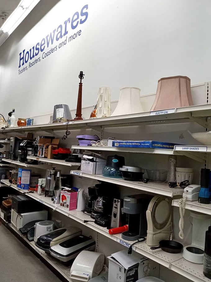 The housewares section: where kitchen gadgets from every decade gather for their second act. That waffle maker might outlive your current relationship.
