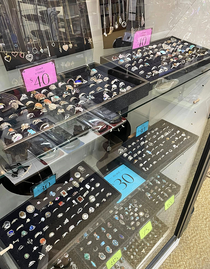 Jewelry displays that sparkle with possibility &ndash; each ring and pendant waiting for its second chance at romance.