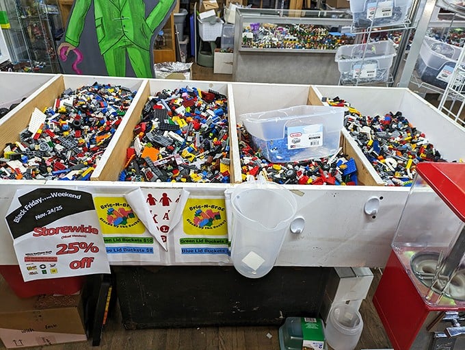 Plastic brick paradise! These bins of colorful LEGO pieces are every builder's dream and every barefoot parent's nightmare. Creativity sold by the pound.
