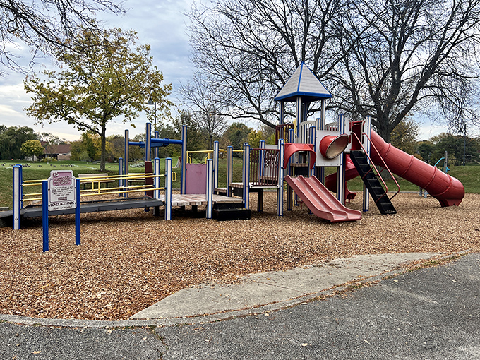 Even playground equipment gets the architectural treatment in Evanston, where this colorful jungle gym awaits tiny adventurers with slides and ladders galore.