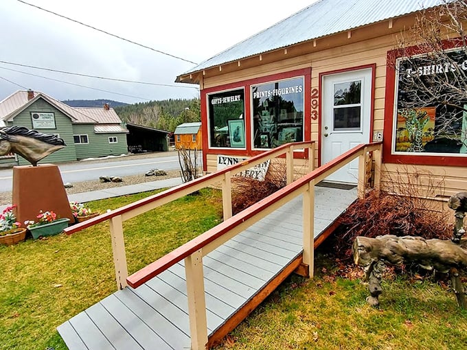 Local creativity thrives at this charming gallery, where the wooden ramp welcomes art lovers to discover treasures more lasting than the gold that built this town.