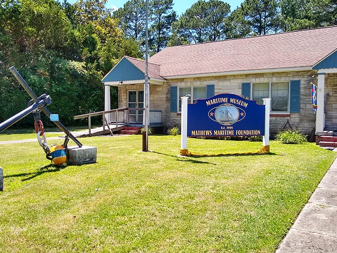 The Maritime Museum stands as guardian of Mathews' seafaring heritage, where anchors aren't just decorative items from HomeGoods.